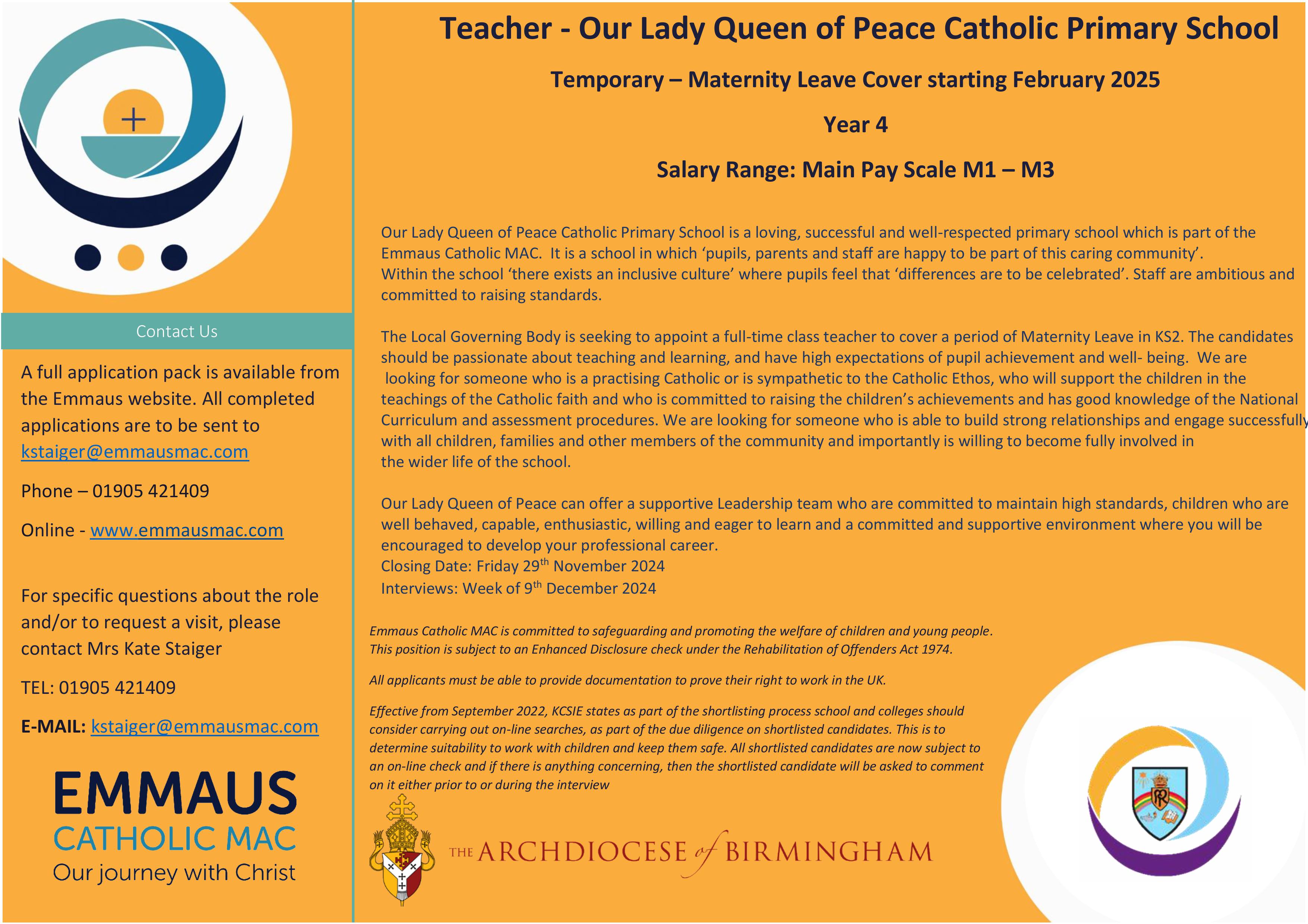 Vacancies - Our Lady Queen of Peace Catholic Primary School